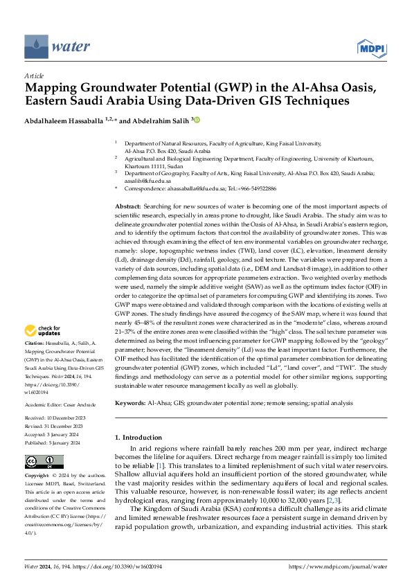 (PDF) Mapping Groundwater Potential (GWP) in the Al-Ahsa Oasis, Eastern Saudi Arabia Using Data ...