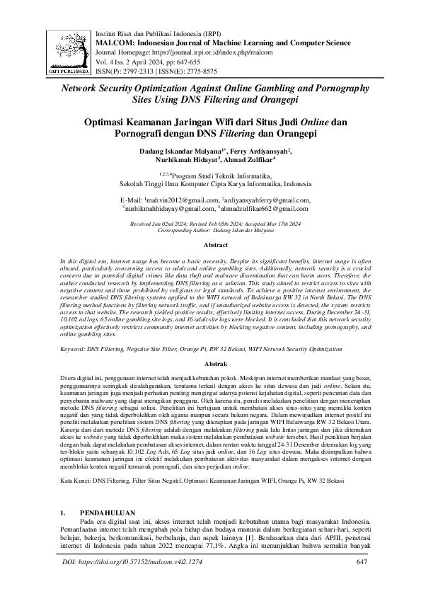(PDF) Optimasi Keamanan Jaringan Wifi dari Situs Judi Online dan Pornografi dengan DNS Filtering ...