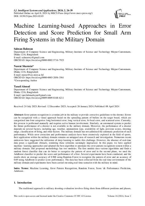 Pdf Machine Learning Based Approaches In Error Detection And Score Prediction For Small Arm