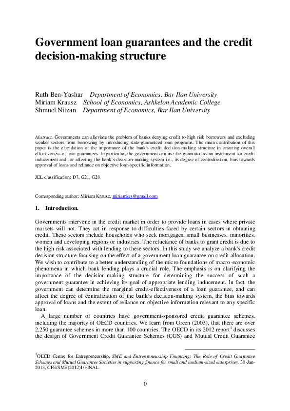 (PDF) Government loan guarantees and the credit decision‐making structure