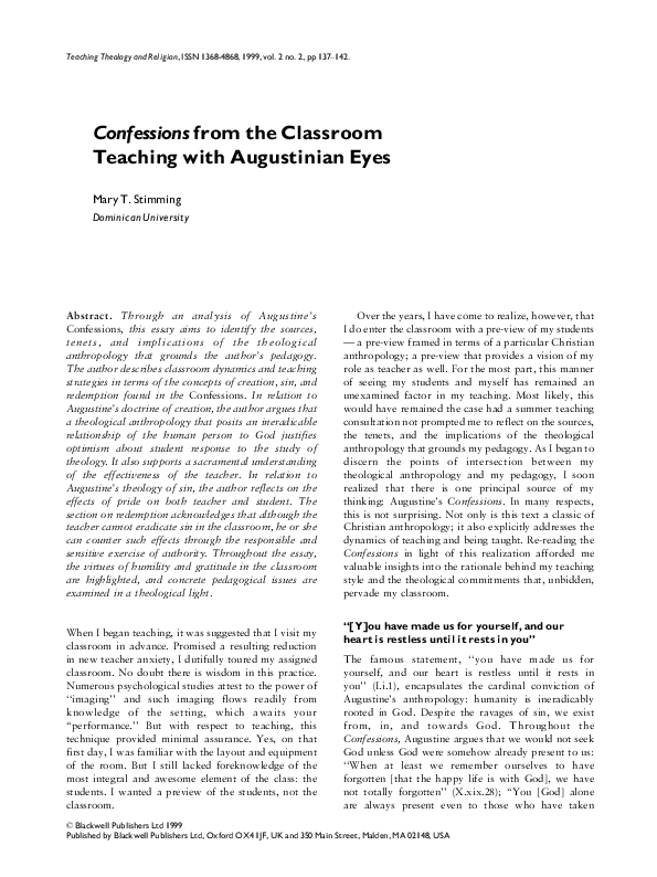 (PDF) Confessions from the Classroom Teaching with Augustinian Eyes