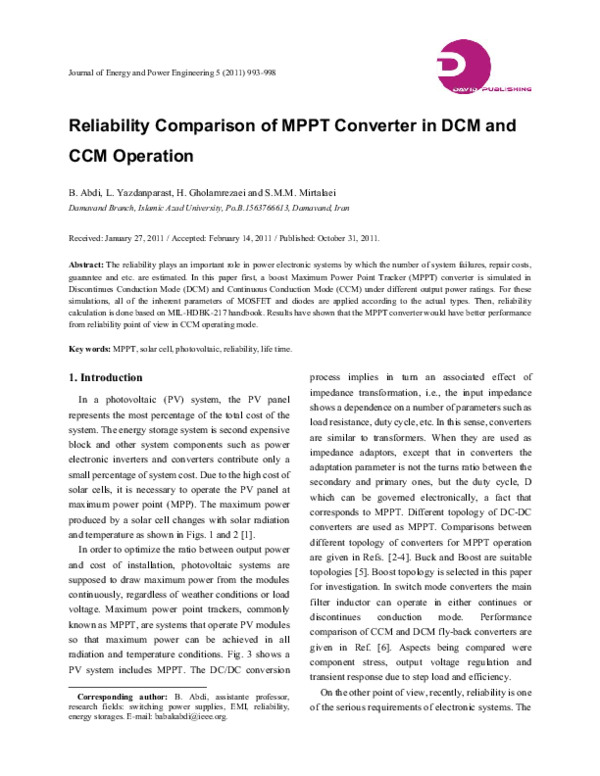 (PDF) Reliability Comparison of MPPT Converter in DCM and CCM Operation