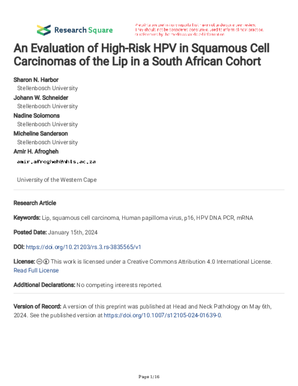 (PDF) An Evaluation of High-Risk HPV in Squamous Cell Carcinomas of the Lip in a South African ...