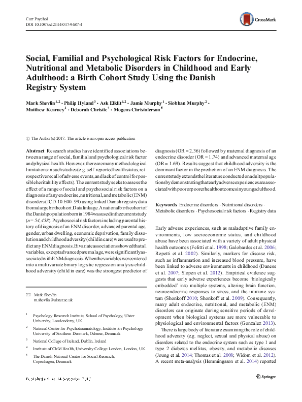 (PDF) Social, familial and psychological risk factors for any endocrine, nutritional and ...