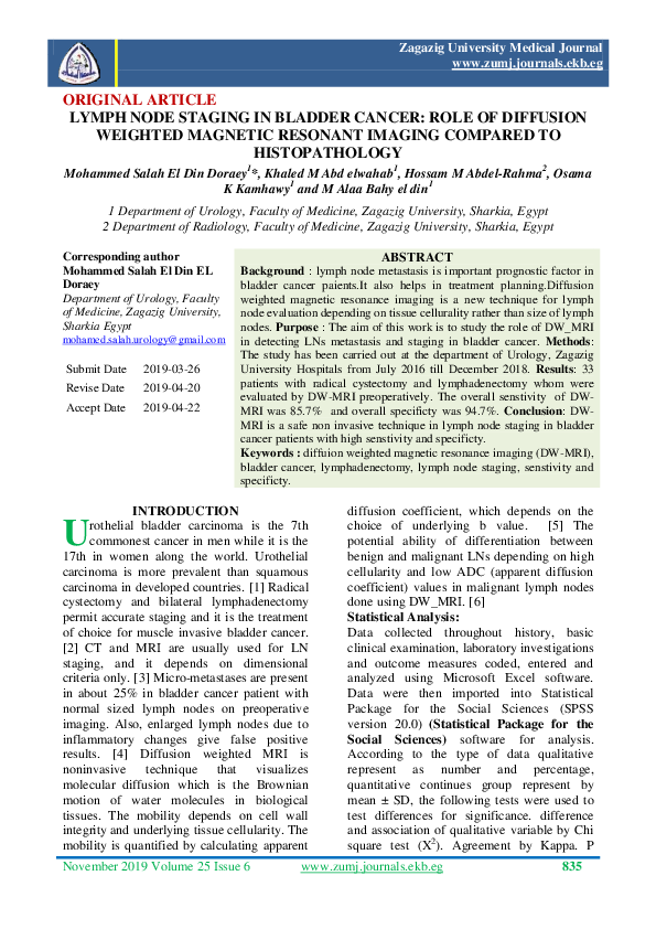 (PDF) Lymph Node Staging In Bladder Cancer: Role of Diffusion Weighted ...