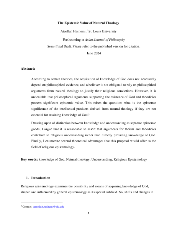 (PDF) The Epistemic Value of Natural Theology