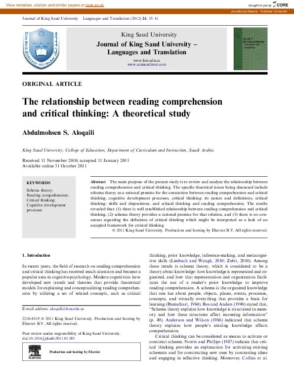 (PDF) The relationship between reading comprehension and critical thinking: A theoretical study