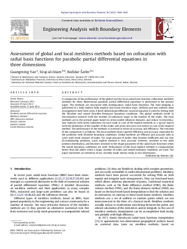 (PDF) Assessment of global and local meshless methods based on collocation with radial basis ...