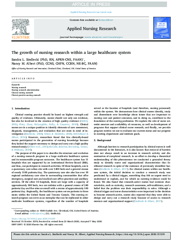 (PDF) The growth of nursing research within a large healthcare system