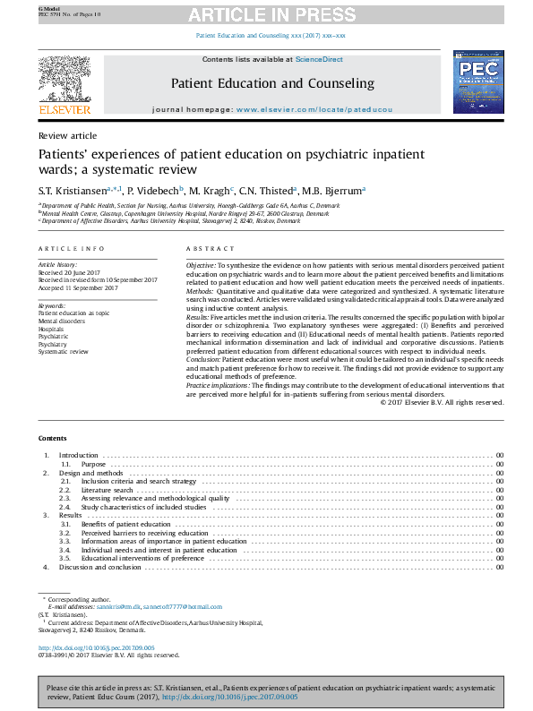 (PDF) Patientś experiences of patient education on psychiatric ...