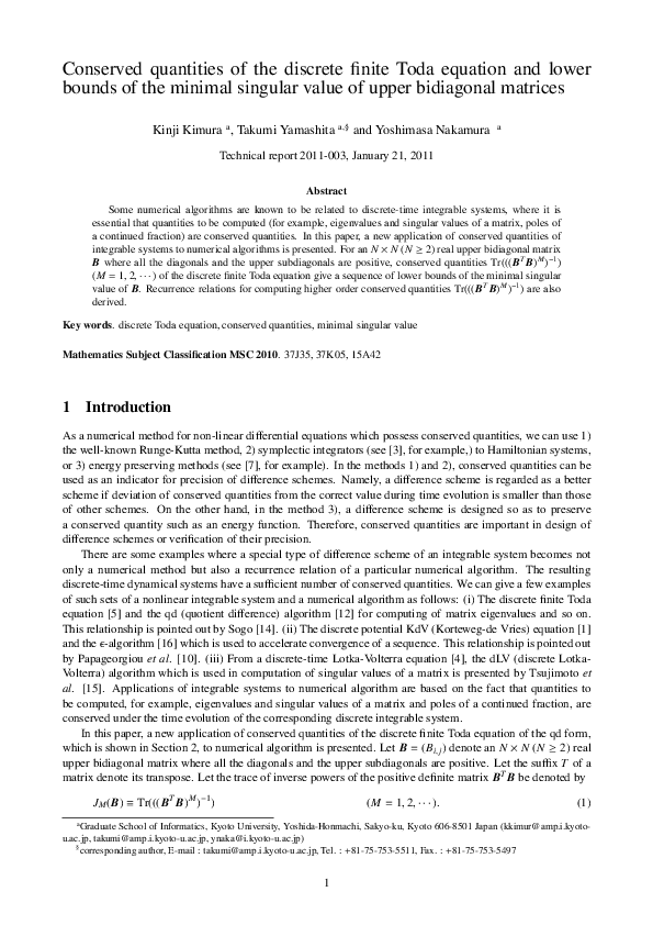 (PDF) Conserved quantities of the discrete finite Toda equation and ...