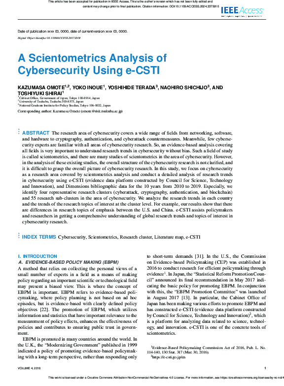 (PDF) A Scientometrics Analysis of Cybersecurity Using e-CSTI
