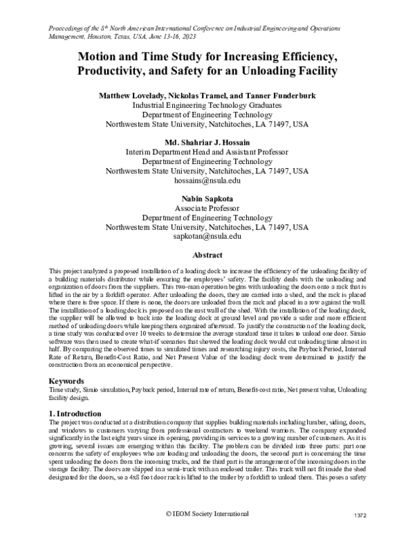 (PDF) Motion and Time Study for Increasing Efficiency, Productivity, and Safety for an Unloading ...
