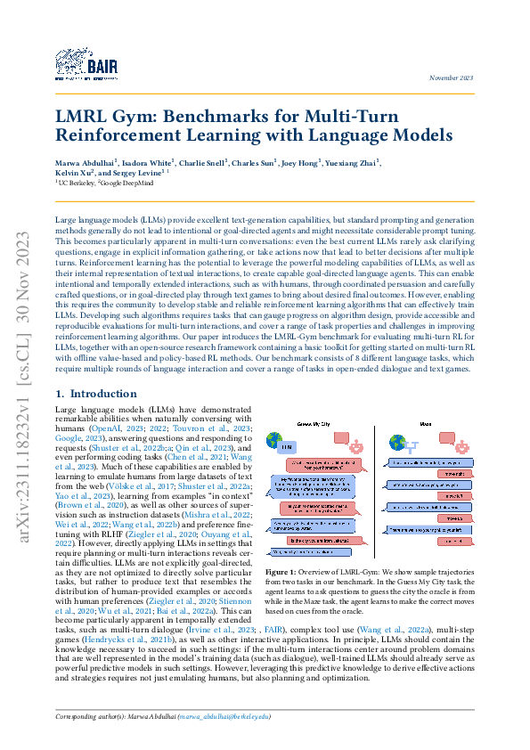 (PDF) LMRL Gym: Benchmarks for Multi-Turn Reinforcement Learning with Language Models