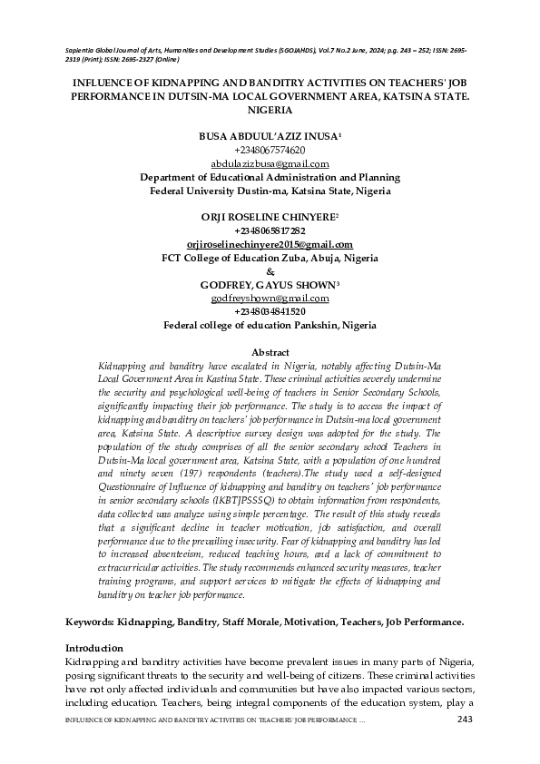 (PDF) INFLUENCE OF KIDNAPPING AND BANDITRY ACTIVITIES ON TEACHERS' JOB ...