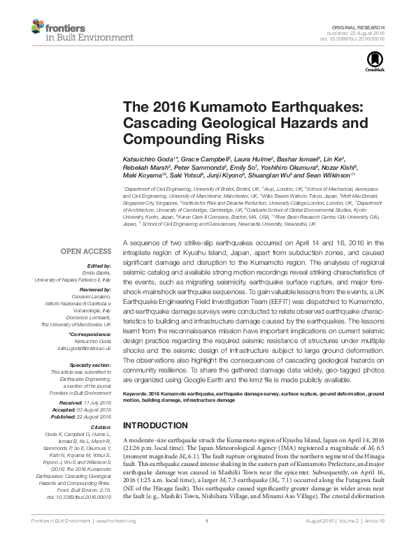 (PDF) The 2016 Kumamoto Earthquakes: Cascading Geological Hazards and Compounding Risks