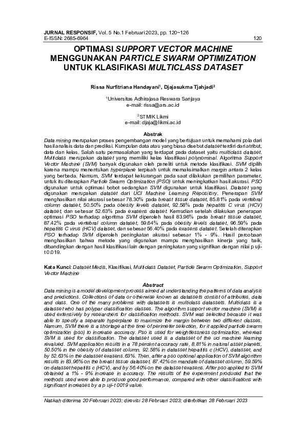 (PDF) Optimasi Support Vector Machine Menggunakan Particle Swarm Optimization Untuk Klasifikasi ...