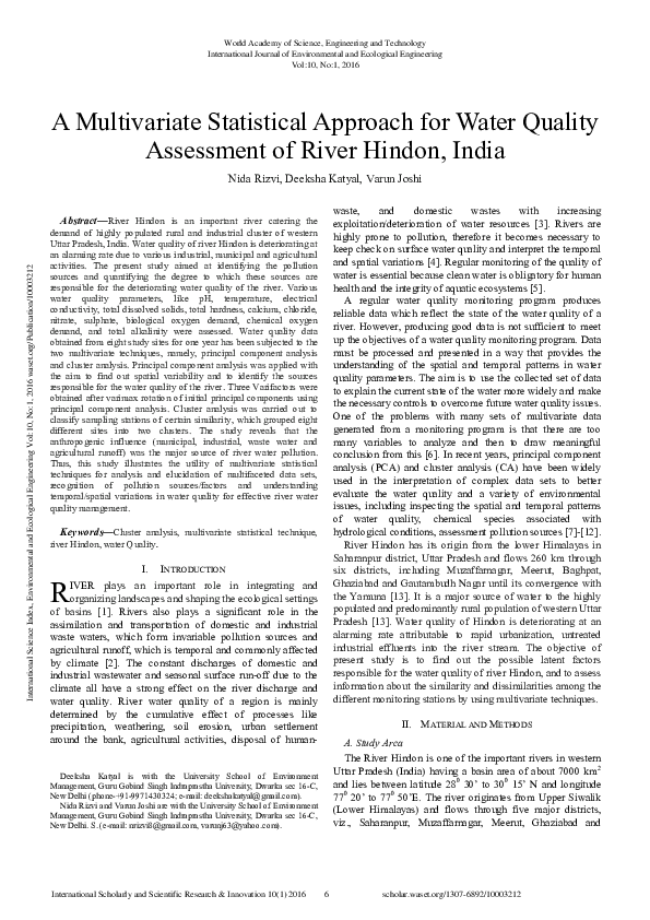 (PDF) A Multivariate Statistical Approach For Water Quality Assessment ...