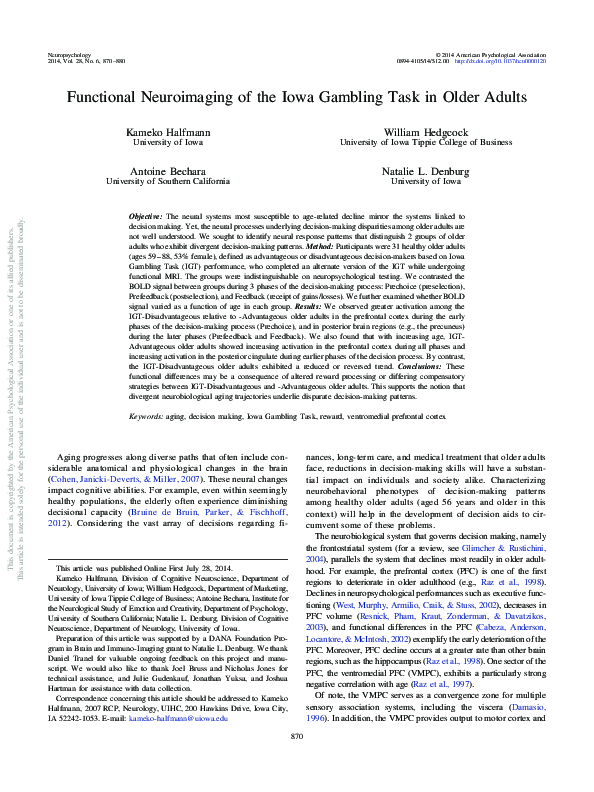 (PDF) Functional neuroimaging of the Iowa Gambling Task in older adults