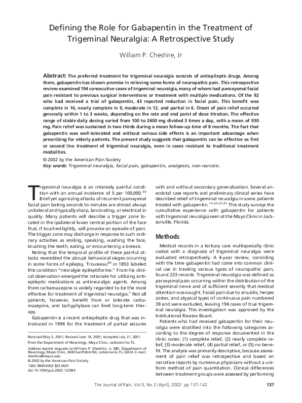 (PDF) Defining the role for gabapentin in the treatment of trigeminal ...