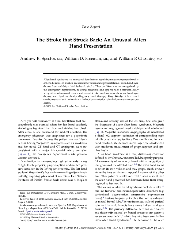 (PDF) The Stroke that Struck Back: An Unusual Alien Hand Presentation