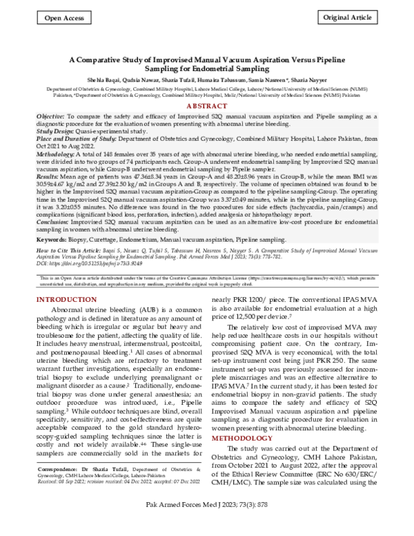 (PDF) A Comparative Study of Improvised Manual Vacuum Aspiration Versus ...