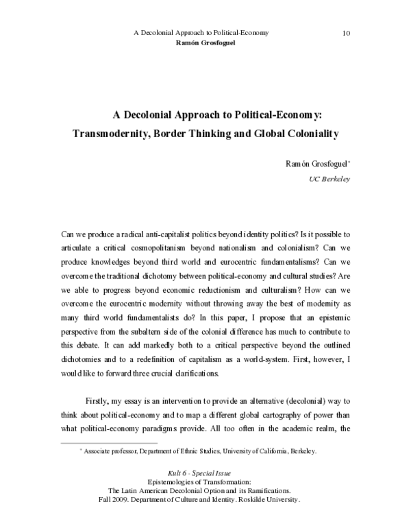 (PDF) A Decolonial Approach to Political-Economy: Transmodernity ...