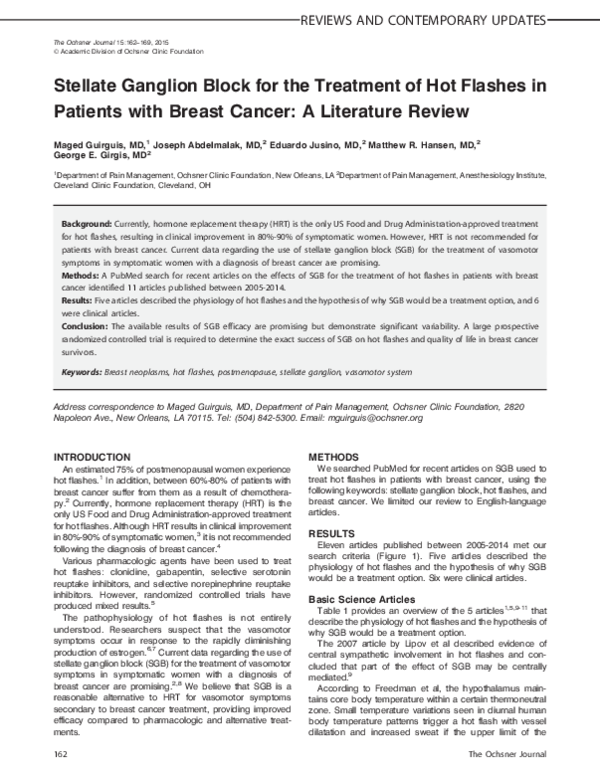 (PDF) Stellate Ganglion Block for the Treatment of Hot Flashes in Patients with Breast Cancer: A ...
