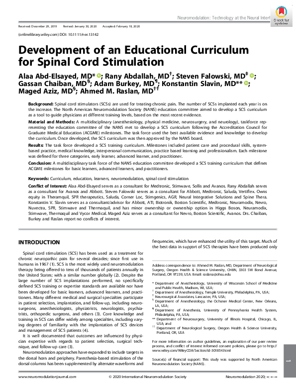 (PDF) Development of an Educational Curriculum for Spinal Cord Stimulation