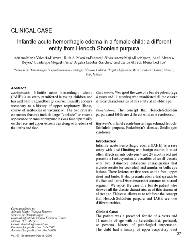 (PDF) CLINICAL CASE Infantile acute hemorrhagic edema in a female child ...