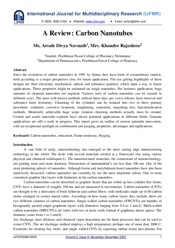 (PDF) A Review : Carbon Nanotubes