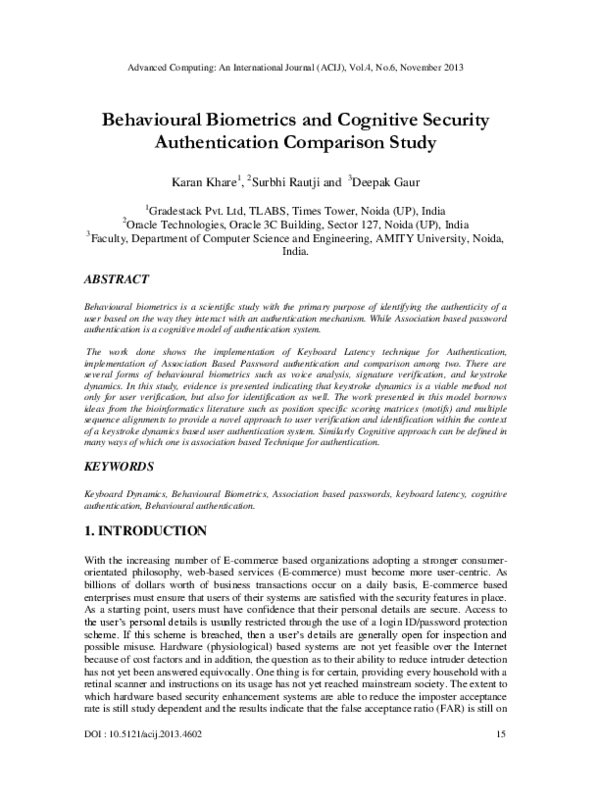 (PDF) Behavioural Biometrics and Cognitive Security Authentication Comparison Study