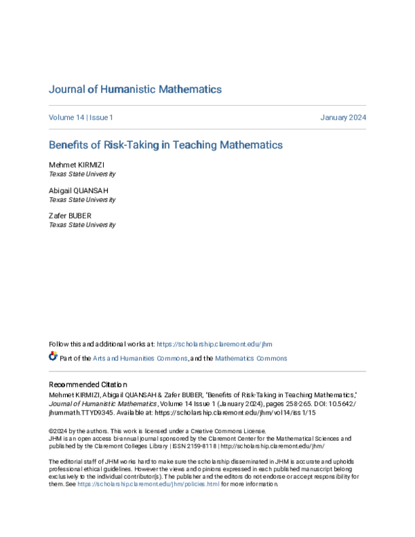 (PDF) Benefits of Risk-Taking in Teaching Mathematics