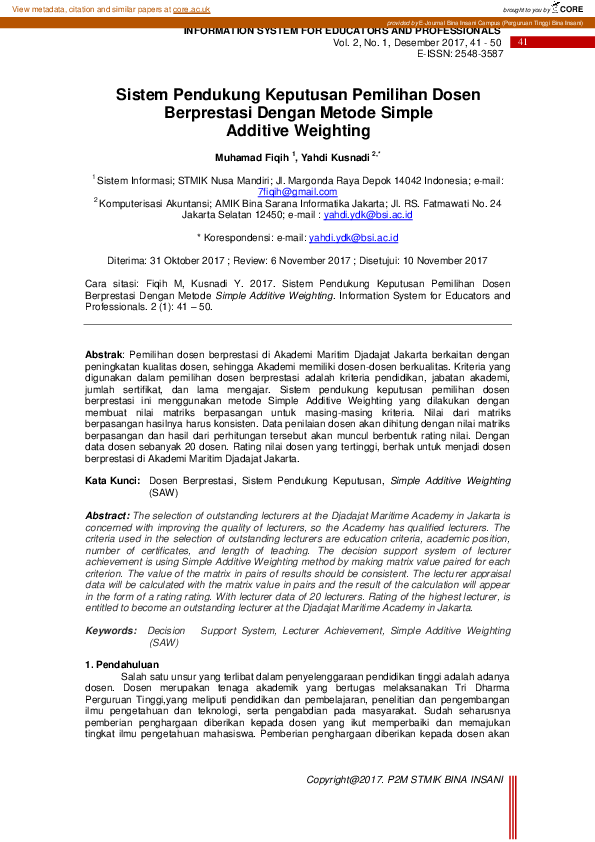 (PDF) Sistem Pendukung Keputusan Pemilihan Dosen Berprestasi Dengan Metode Simple Additive Weighting