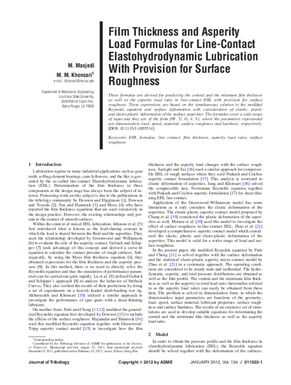 (PDF) Film Thickness and Asperity Load Formulas for Line-Contact ...