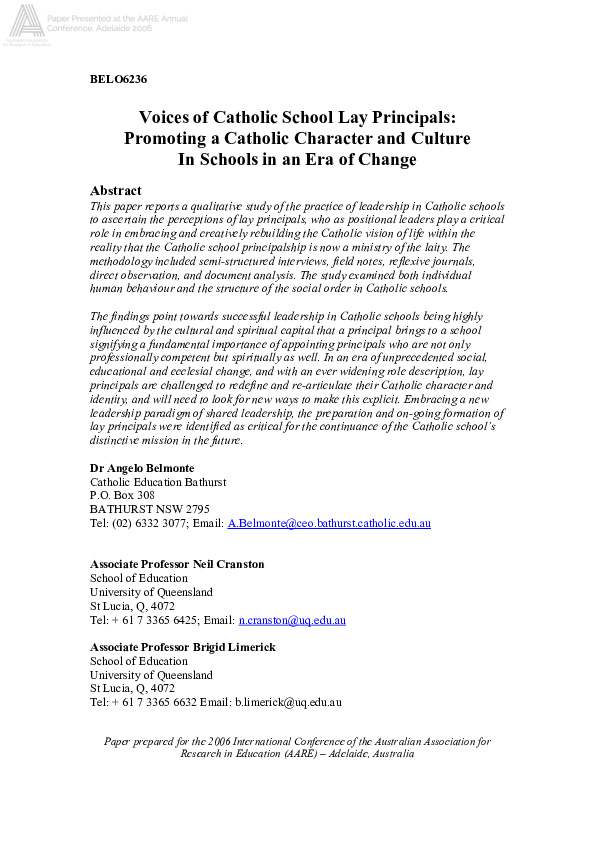 (PDF) Voices of Catholic School Lay Principals: Promoting a Catholic ...