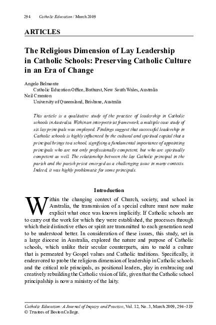 (PDF) The Religious Dimension of Lay Leadership in Catholic Schools ...