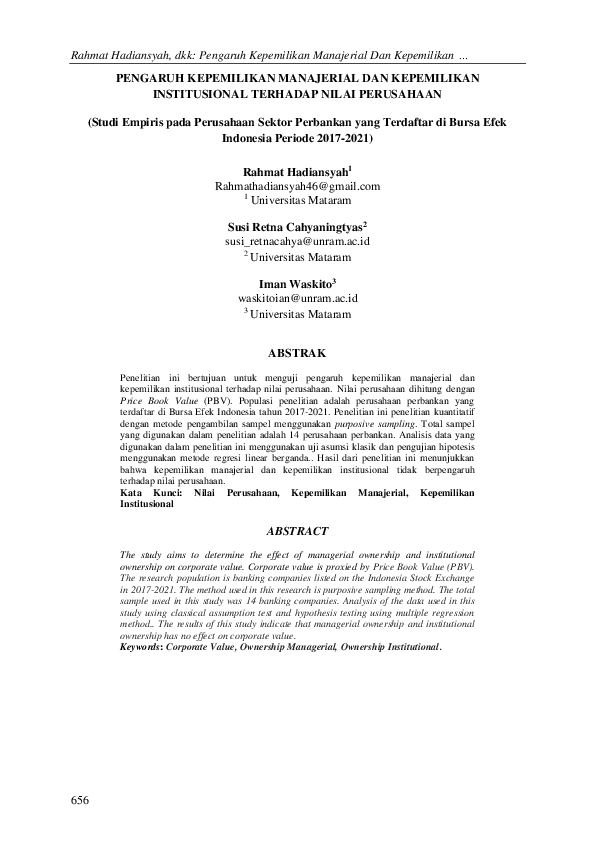 (PDF) PENGARUH KEPEMILIKAN MANAJERIAL DAN KEPEMILIKAN INSTITUSIONAL TERHADAP NILAI PERUSAHAAN ...