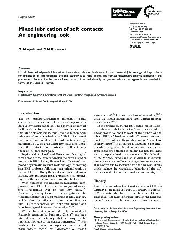 (PDF) Mixed lubrication of soft contacts: An engineering look