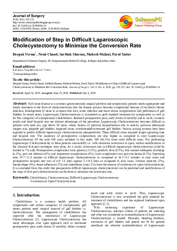 (PDF) Modification of Step in Difficult Laparoscopic Cholecystectomy to ...