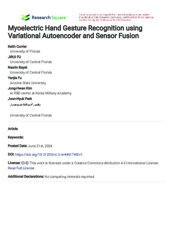 (PDF) Myoelectric Hand Gesture Recognition using Variational Autoencoder and Sensor Fusion