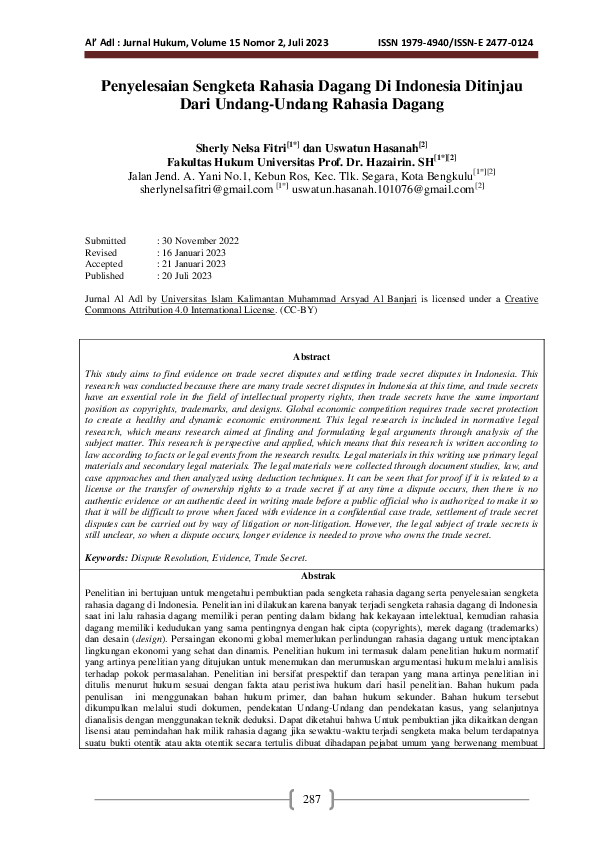 (PDF) Penyelesaian Sengketa Rahasia Dagang DI Indonesia Berdasarkan Undang-Undang Nomor 30 Tahun ...