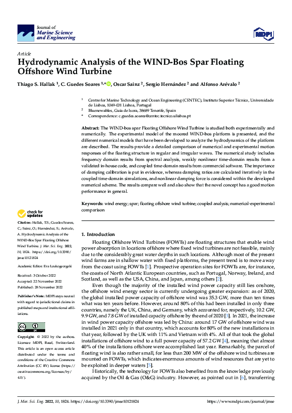 Pdf Hydrodynamic Analysis Of The Wind Bos Spar Floating Offshore Wind Turbine