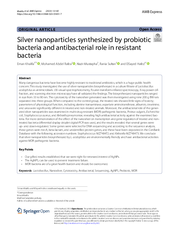 (PDF) Silver nanoparticles synthesized by probiotic bacteria and antibacterial role in resistant ...