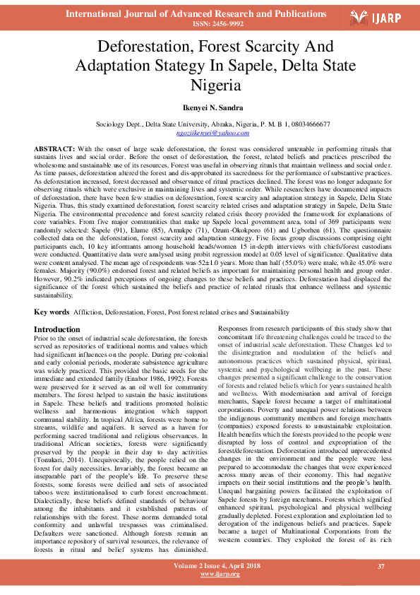 (PDF) Deforestation, Forest Scarcity And Adaptation Stategy In Sapele ...