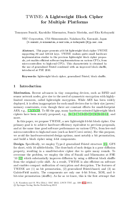 (PDF) $\textnormal{\textsc{TWINE}}$: A Lightweight Block Cipher for Multiple Platforms
