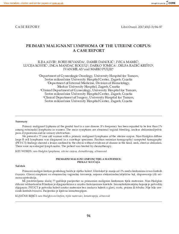 (PDF) Primarni maligni limfom tijela maternice: prikaz slučaja