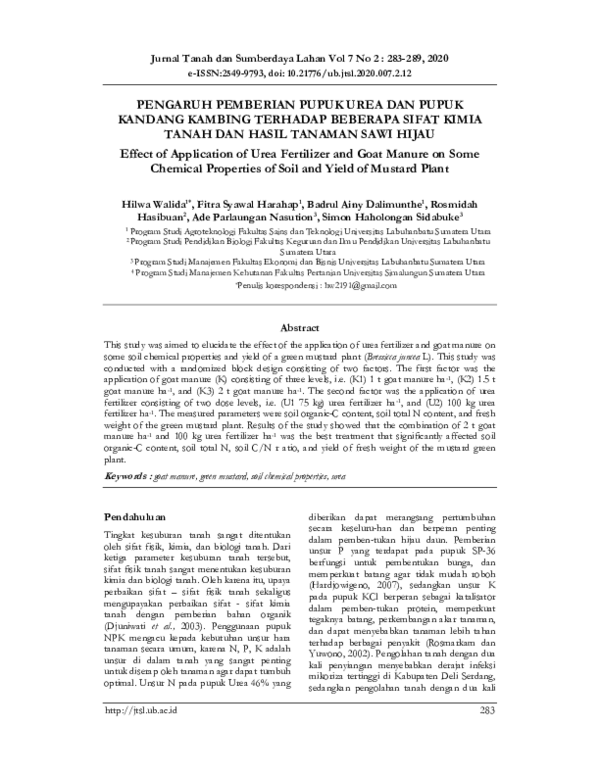 (PDF) Pengaruh Pemberian Pupuk Urea Dan Pupuk Kandang Kambing Terhadap Beberapa Sifat Kimia ...