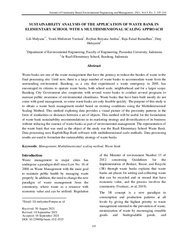 (PDF) Sustainability Analysis of the Application of Waste Bank in Elementary School with a ...