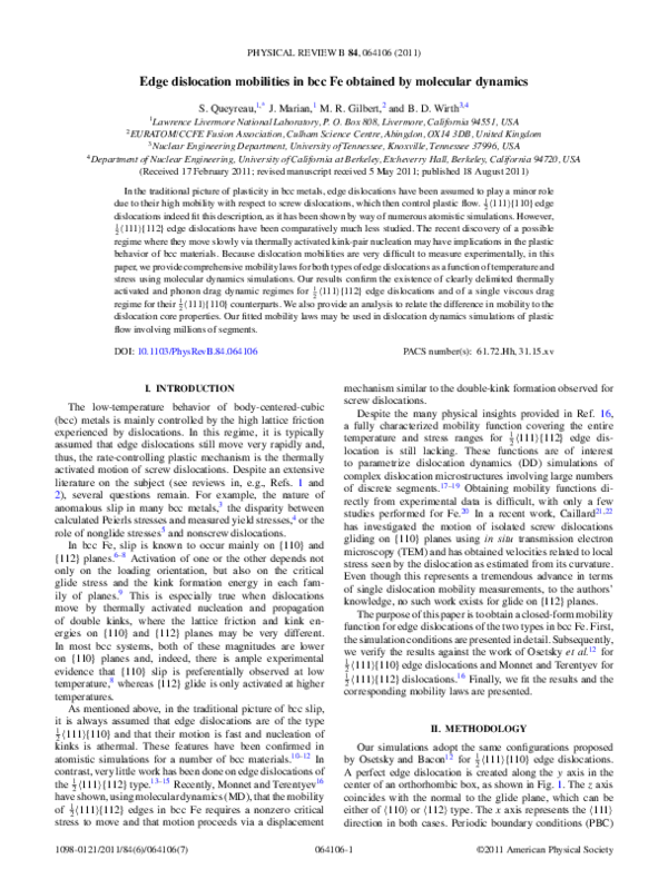 (PDF) Edge dislocation mobilities in bcc Fe obtained by molecular dynamics